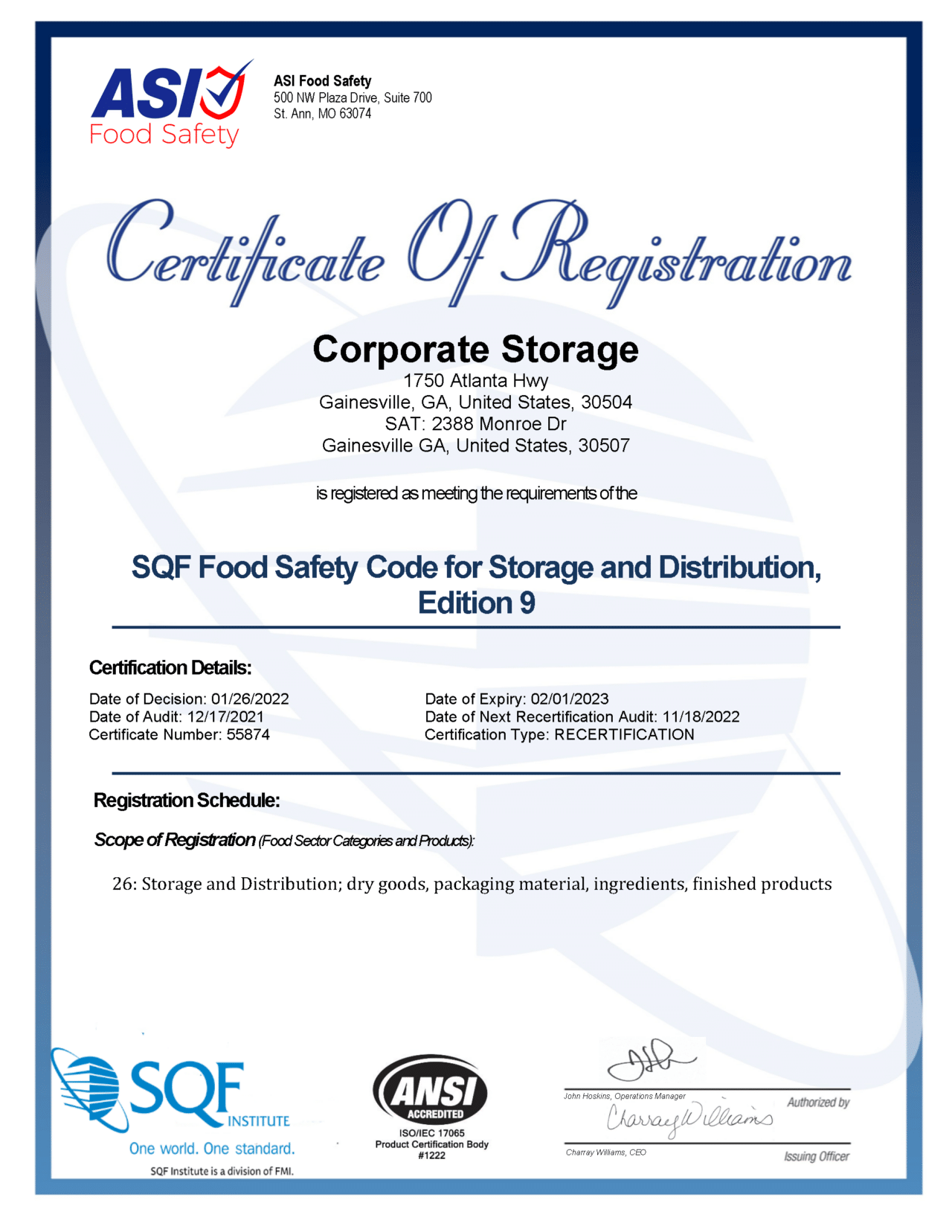 Food Grade Warehousing - Corporate Storage